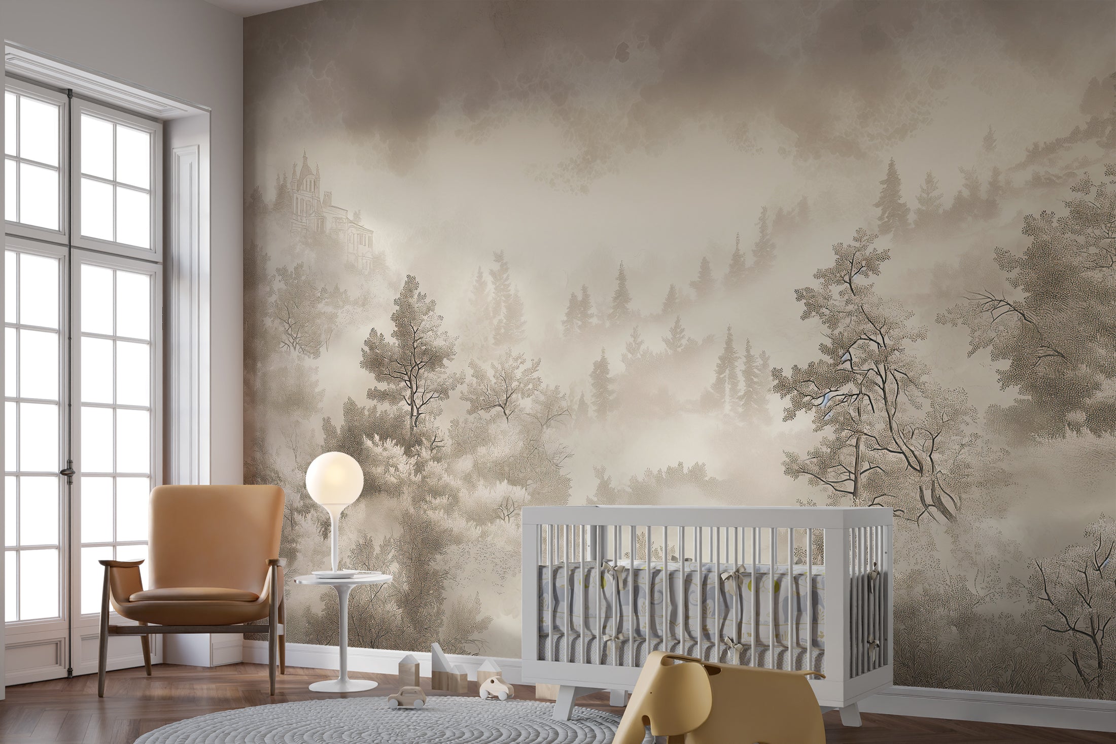 Beige Monochrome Forest Mural - Peel and Stick Beige Sepia Landscape