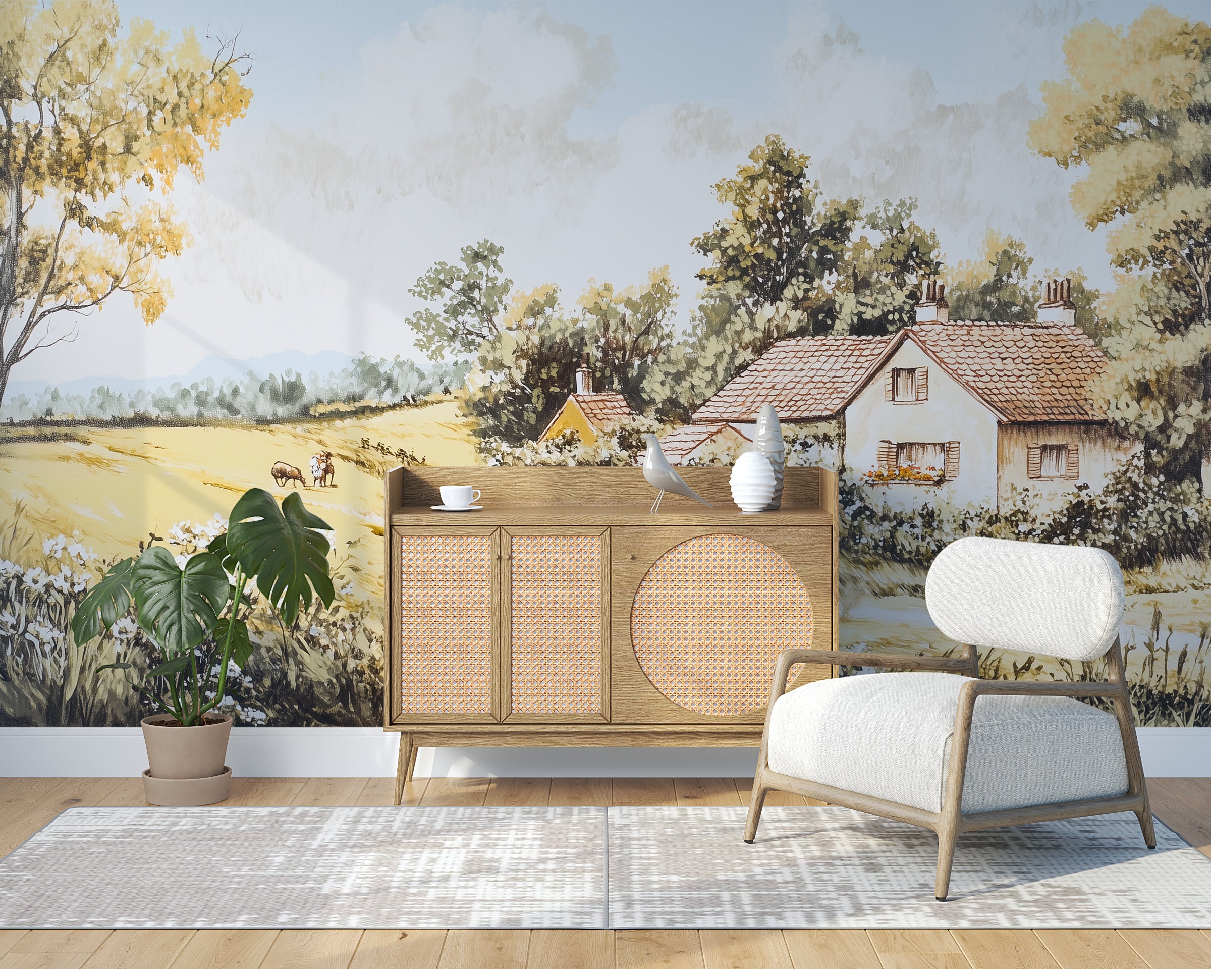 French Countryside Oil Painting Wall Mural - Scenic House and Trees