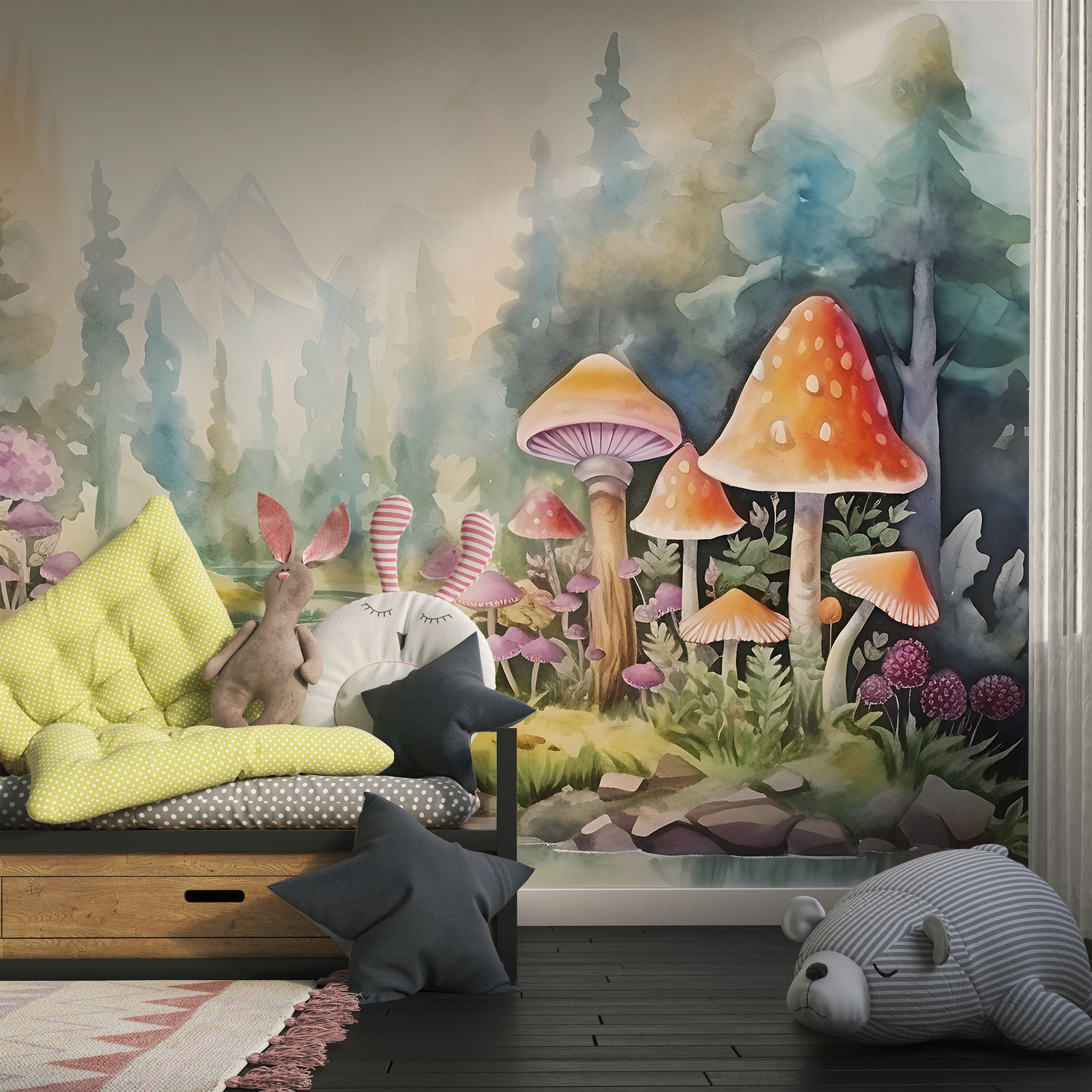 Watercolor Mushrooms Mural - Fairy Forest Wallpaper