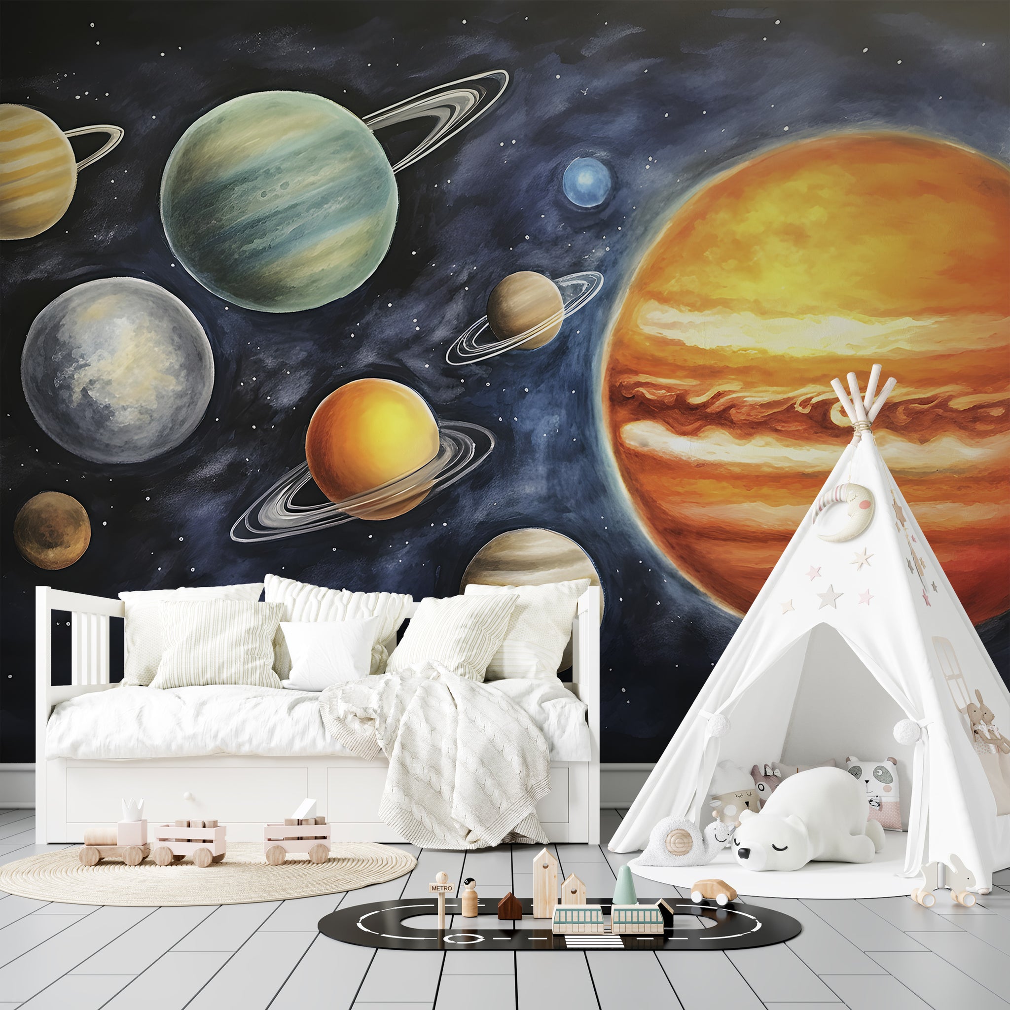 Solar System Mural - Watercolor Planets Wallpaper