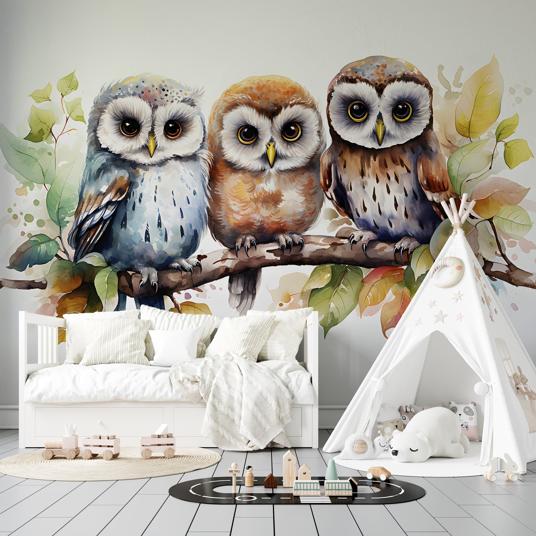 Watercolor Owls Mural - Colorful Birds Wallpaper