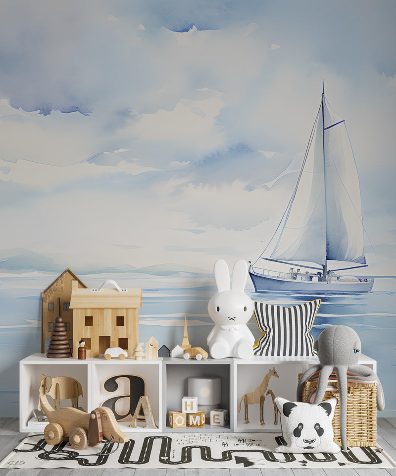 Sailboat Mural - Watercolor Ocean Mural