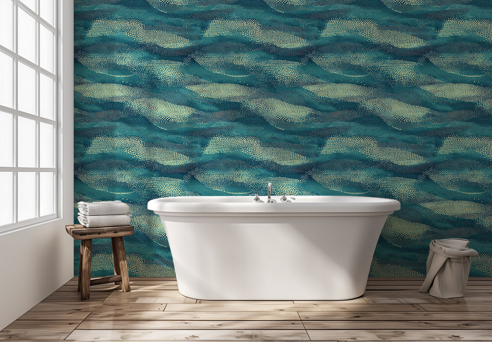 Blue and Beige Abstract Ocean Waves Wallpaper - Small Dots Wall Art
