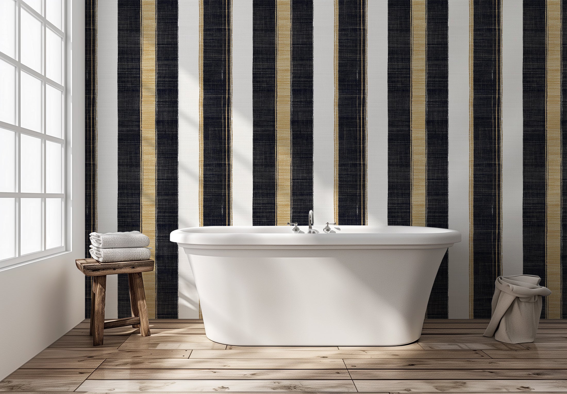 Timeless Luxury Striped Wallpaper - White Blue and Gold Wall Decor