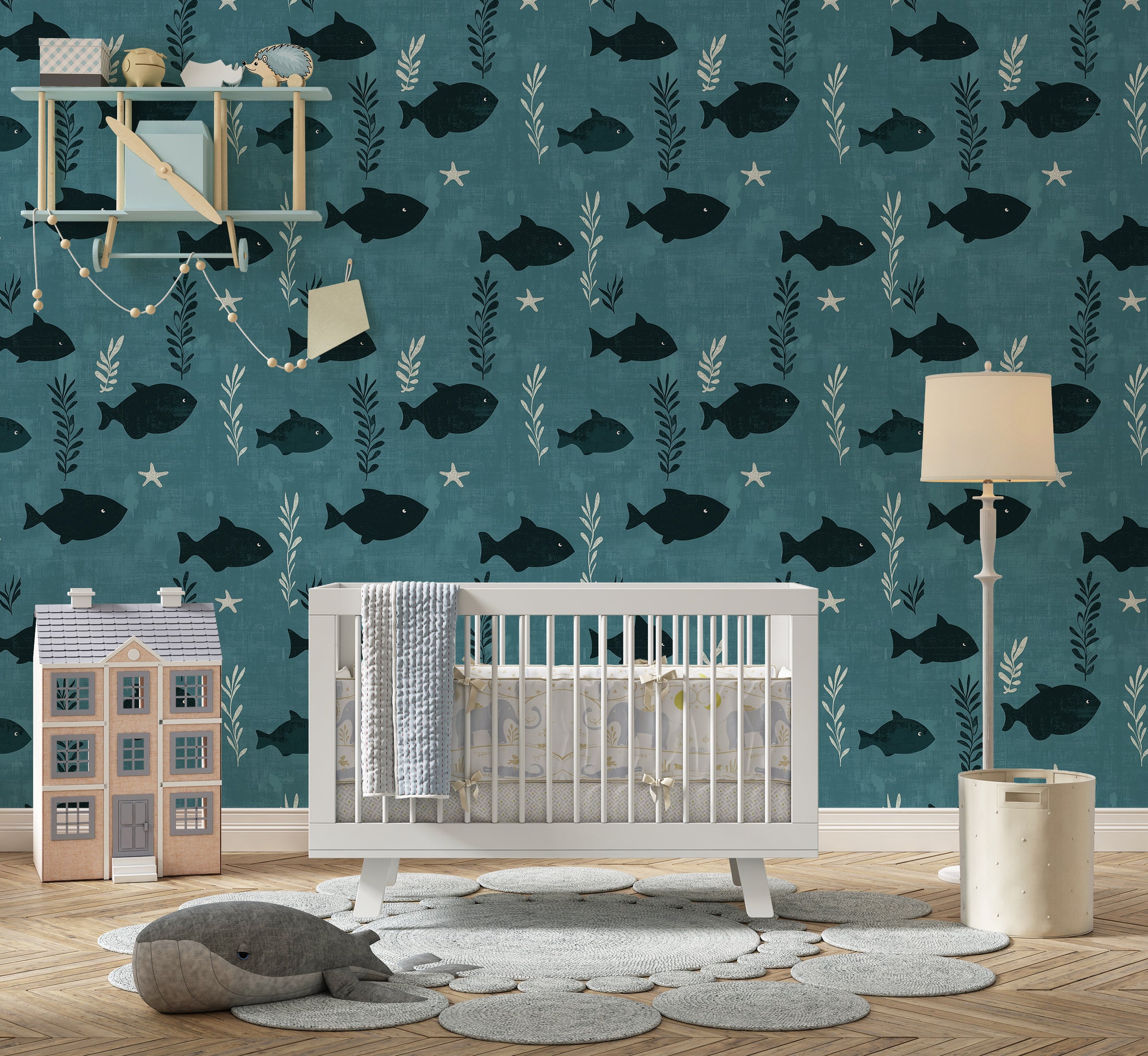 Dark Teal Fish Pattern Wallpaper - Peel and Stick Underwater Life