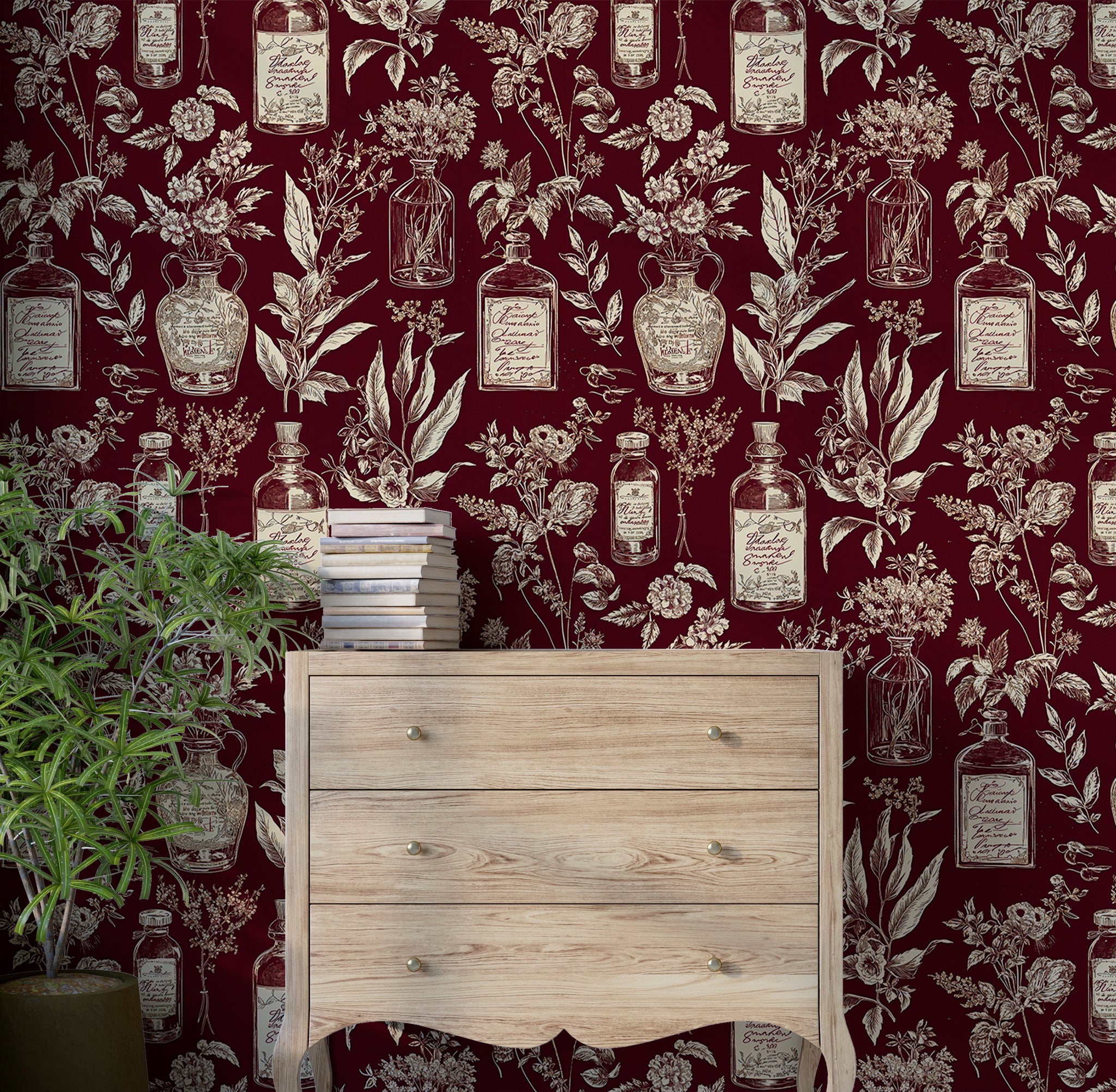 Dark Red Alchemy Symbols and Herbs Wallpaper - Mystical Peel and Stick