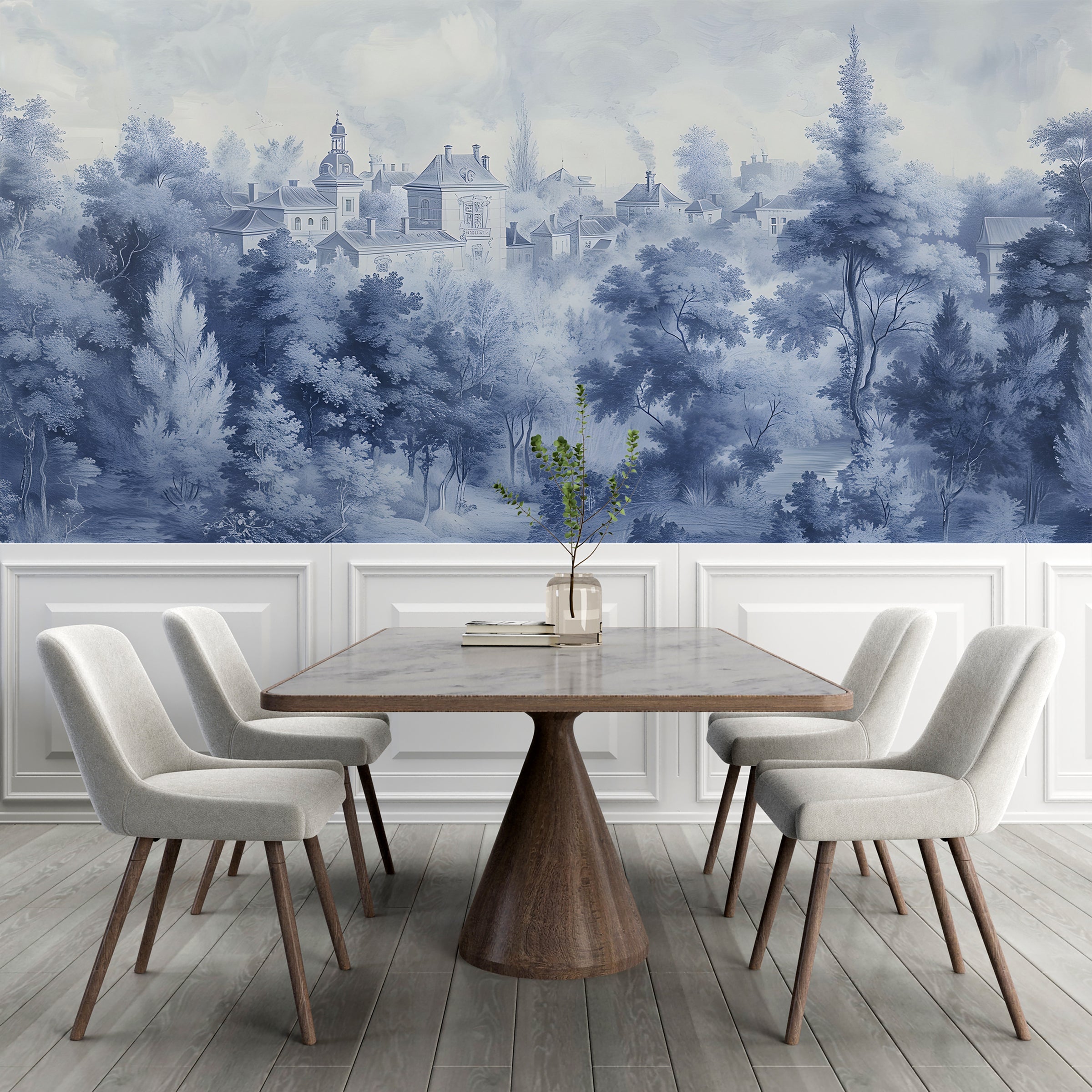 Blue Monochrome Trees and Village Mural - Toile de Jouy Style Mural