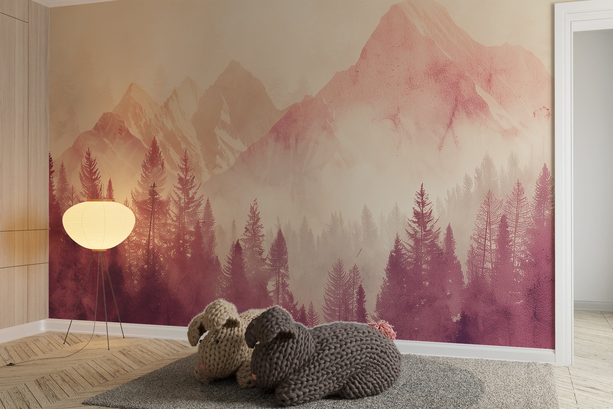 Soft Pink Watercolor Mountain and Forest Wallpaper