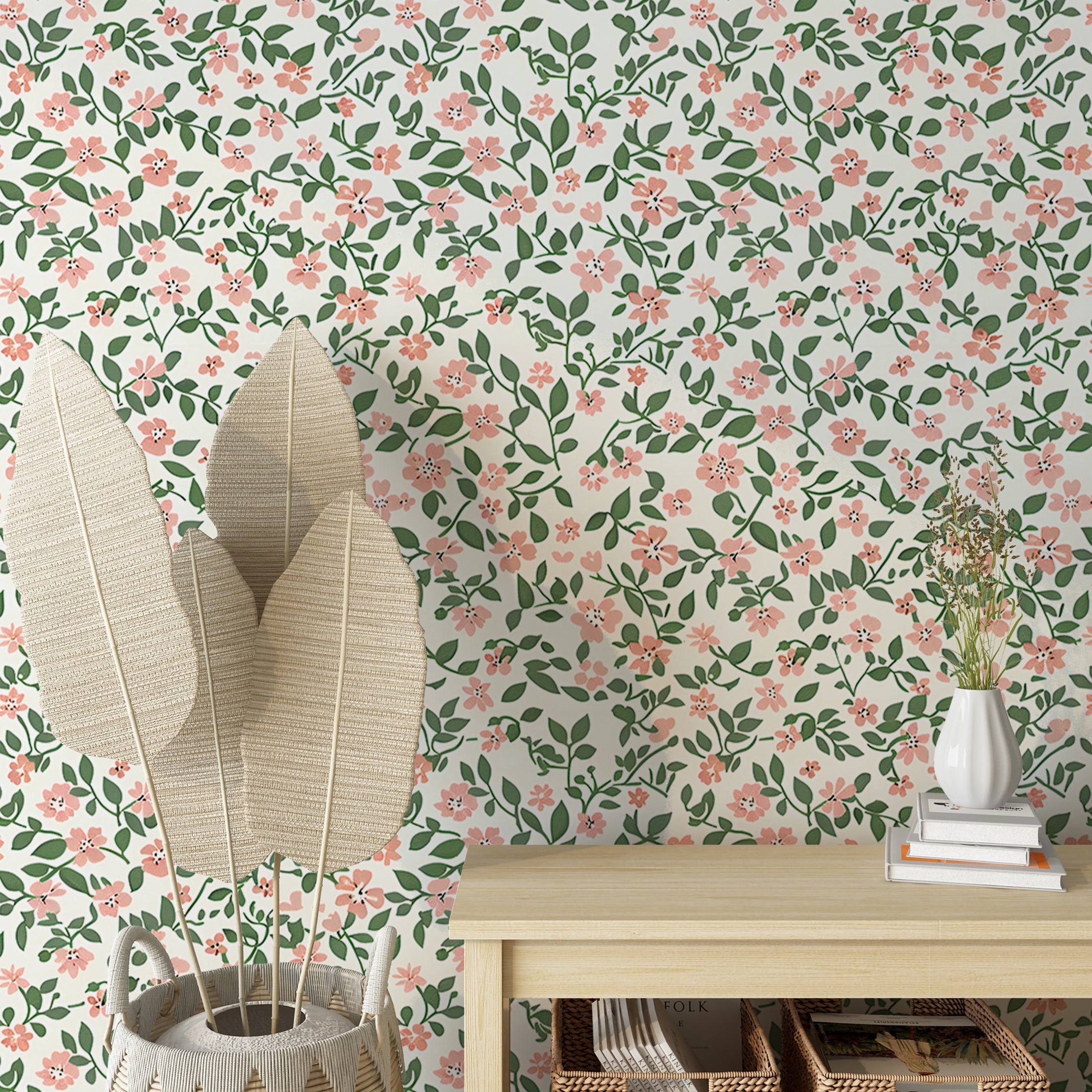 Small Flowers and Leaves Pattern Wallpaper - Watercolor Floral Decor