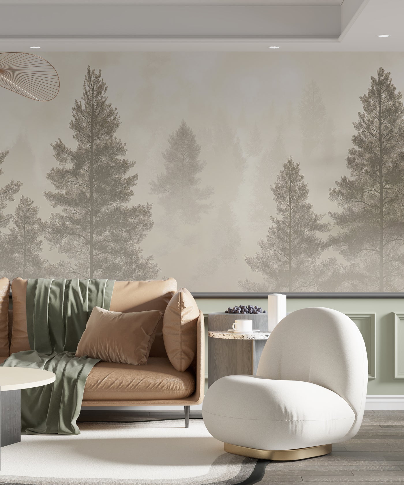 Beige Monochrome Pine Forest Mural - Minimalist Foggy Forest Wallpaper