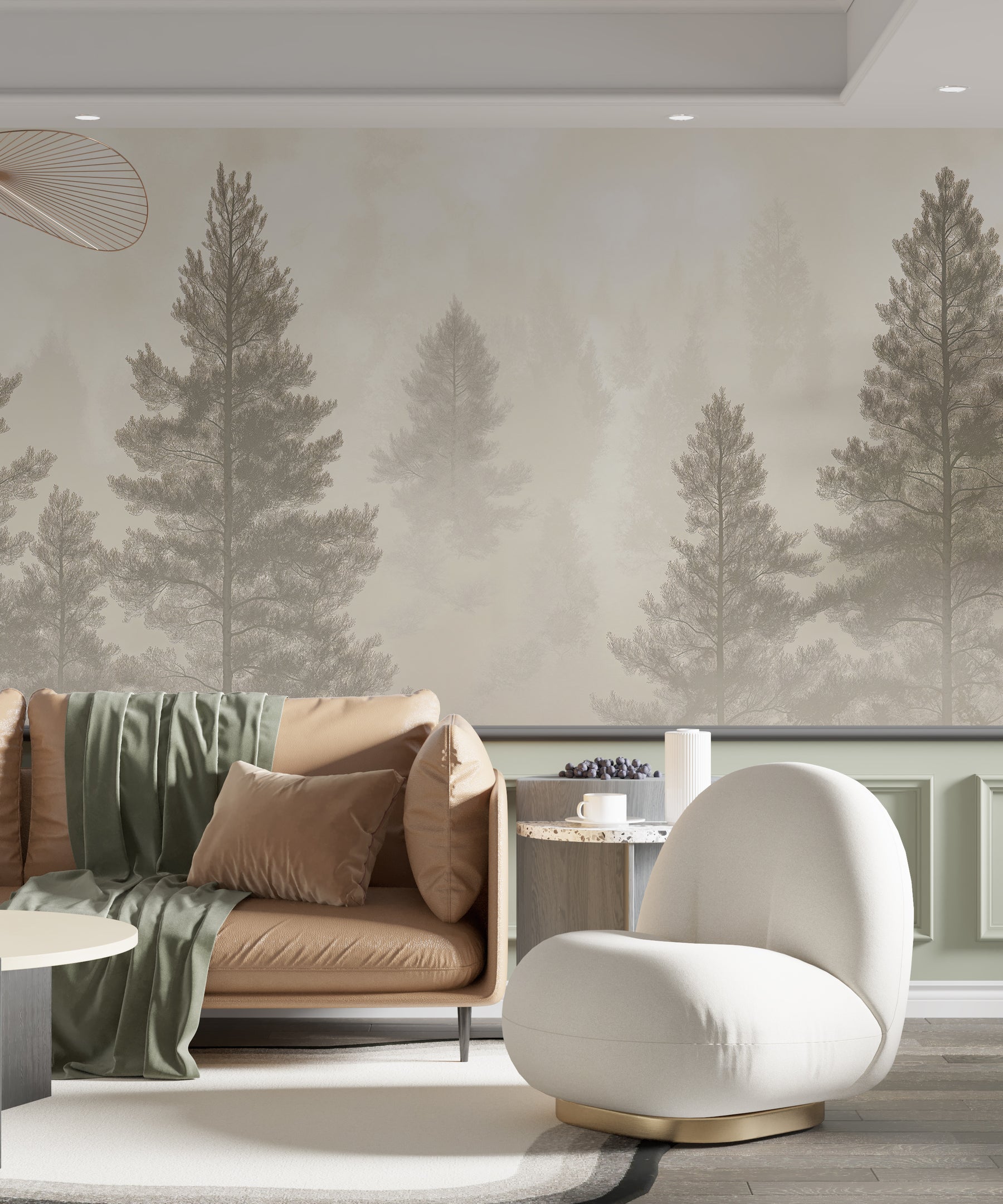 Beige Monochrome Pine Forest Mural - Minimalist Foggy Forest Wallpaper
