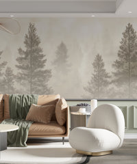 Beige Monochrome Pine Forest Mural - Minimalist Foggy Forest Wallpaper
