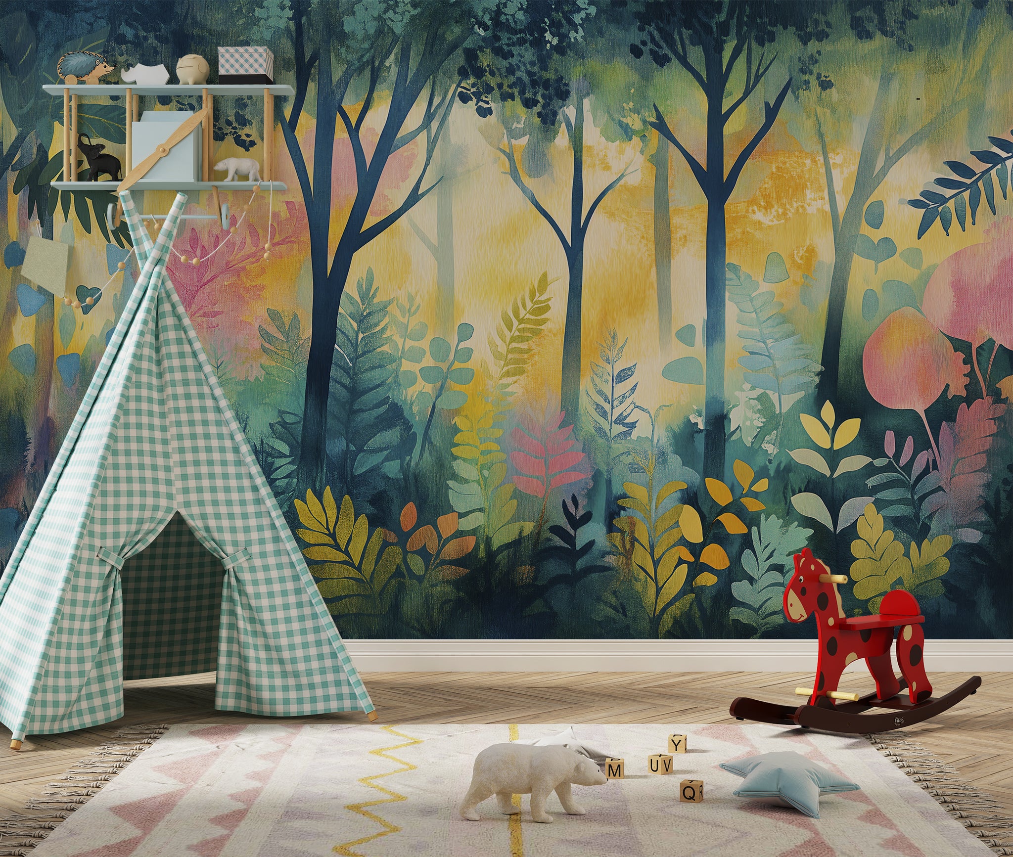 Colorful Abstract Forest Mural - Watercolor Trees and Plants Decor