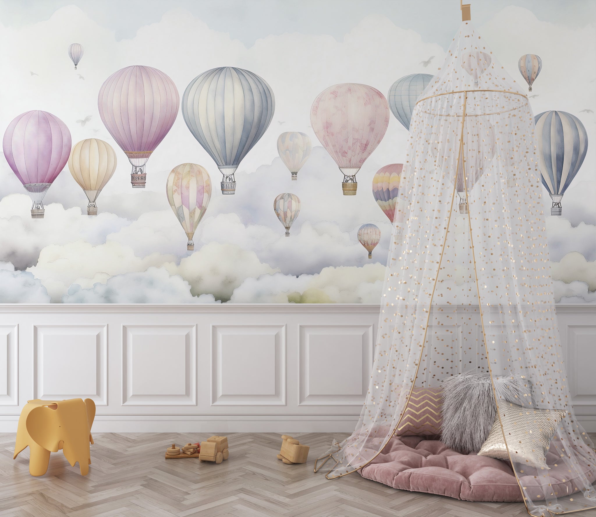 Hot Air Balloons Mural - Watercolor Nursery Wallpaper - Peel and Stick