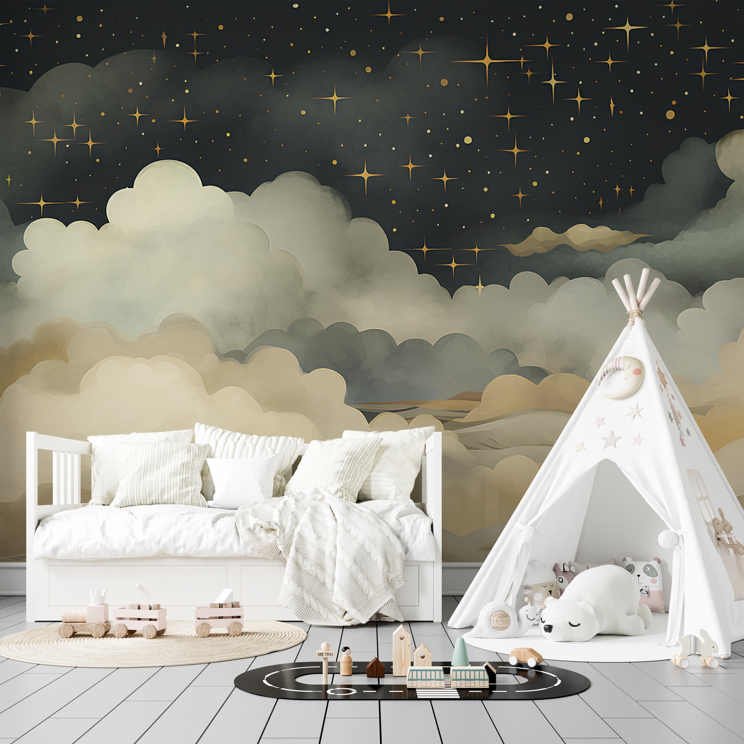 Starry Night Kids Mural - Watercolor Sky Wallpaper