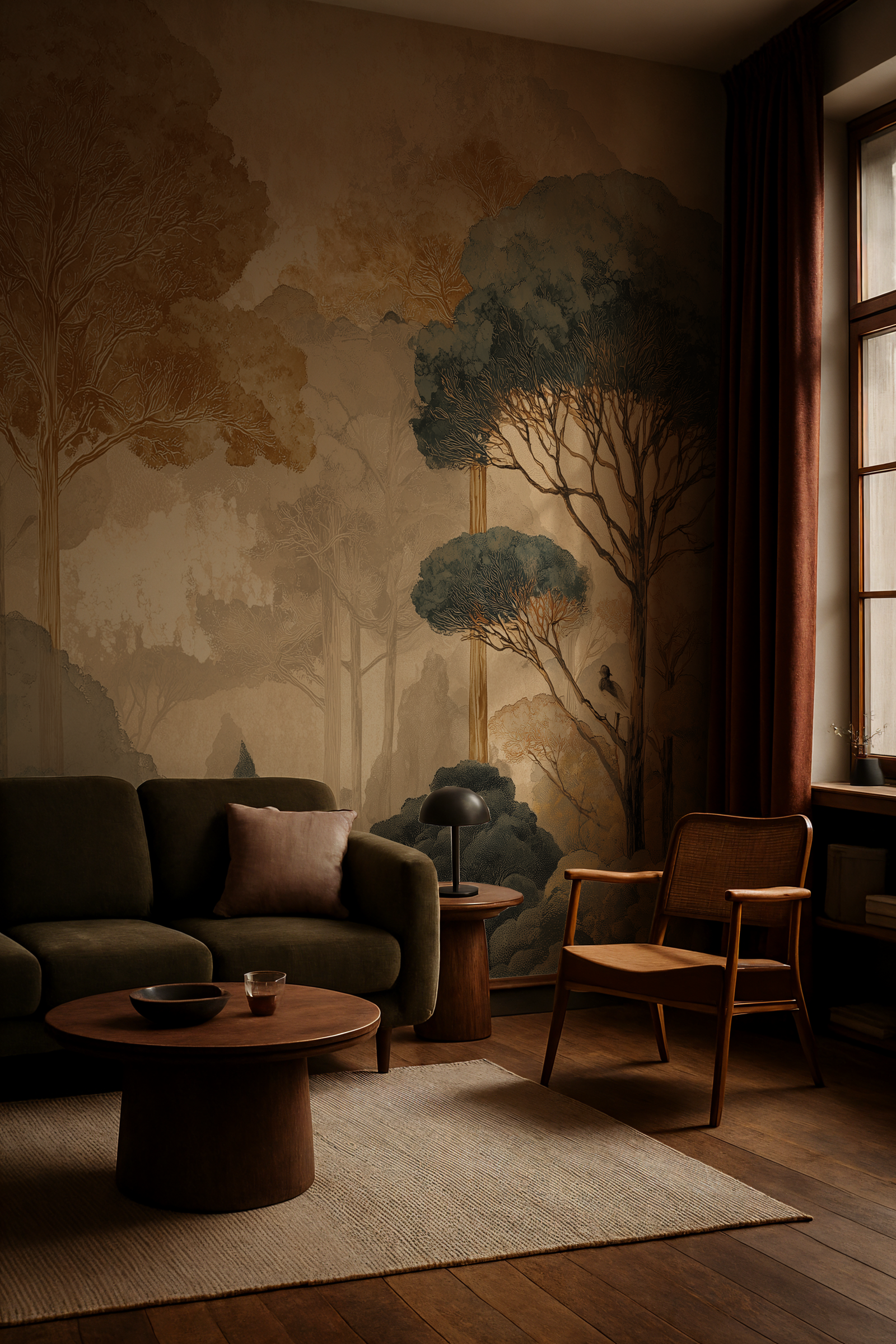 Green and Gold Trees Wall Mural in Vintage Forest Scene Peel and Stick