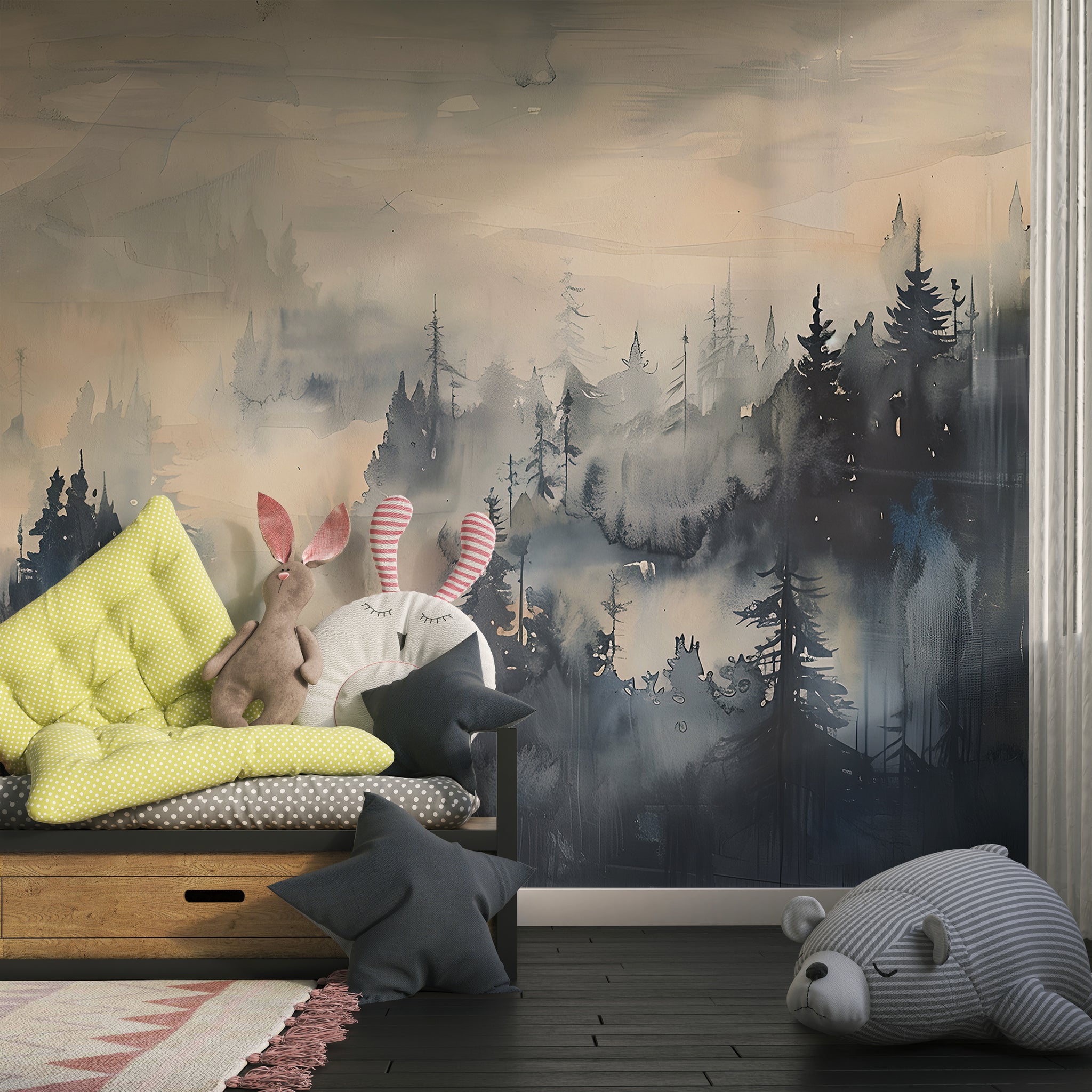 Misty Abstract Forest Wallpaper - Peel and Stick Foggy Forest Mural