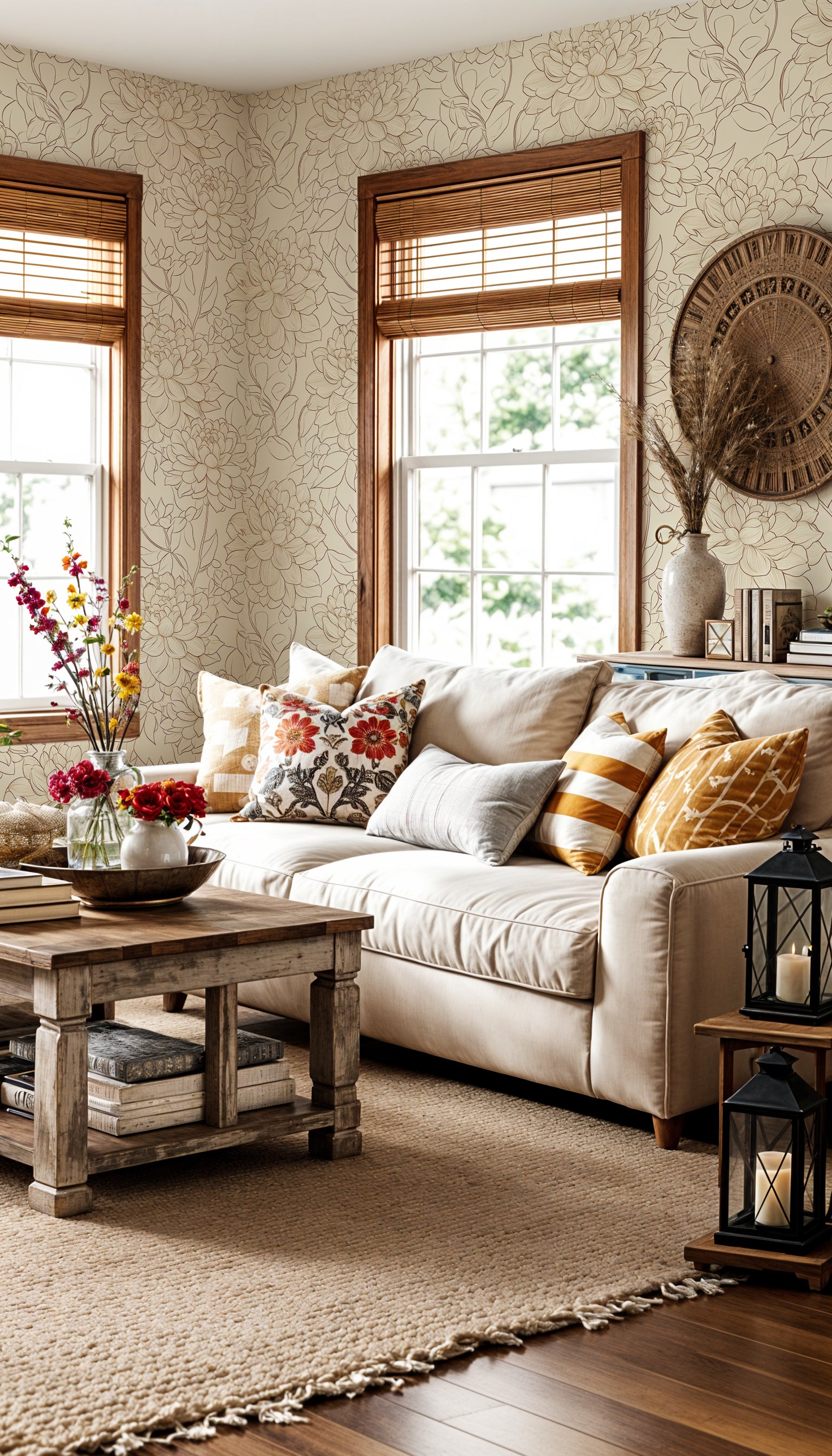 Beige Floral Wallpaper - Peonies Flower Pattern Wallpaper