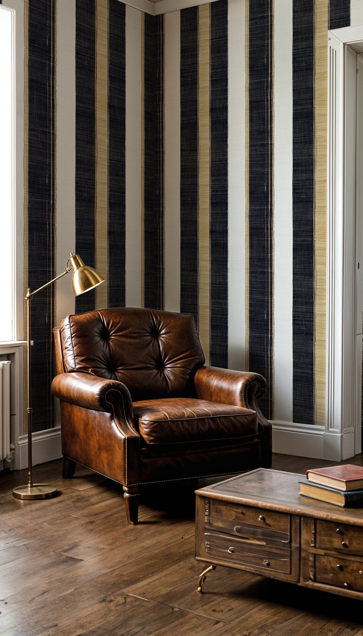 Timeless Luxury Striped Wallpaper - White Blue and Gold Wall Decor